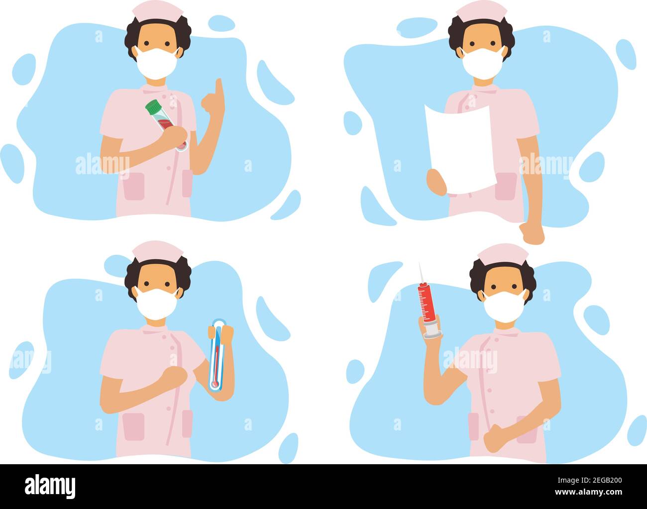 Set of four female nurses wearing surgical mask with different action ...