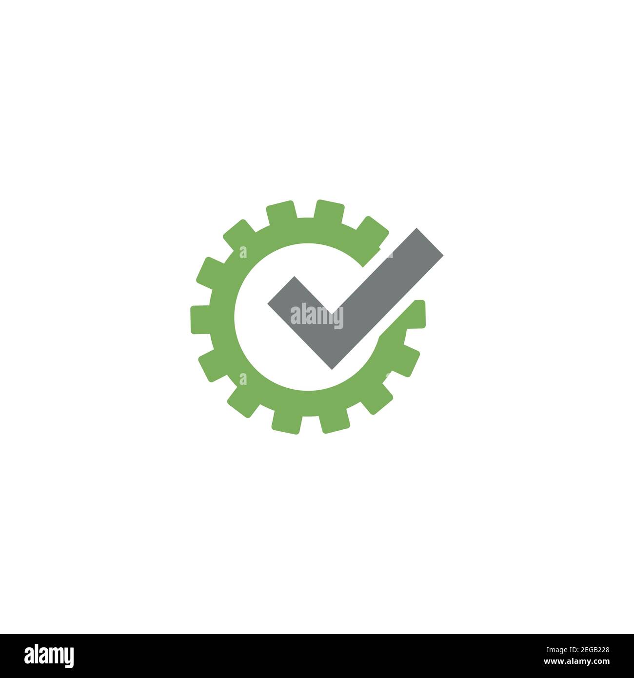 Green gear with grey tick icon. Vector flat illustration for technology ...