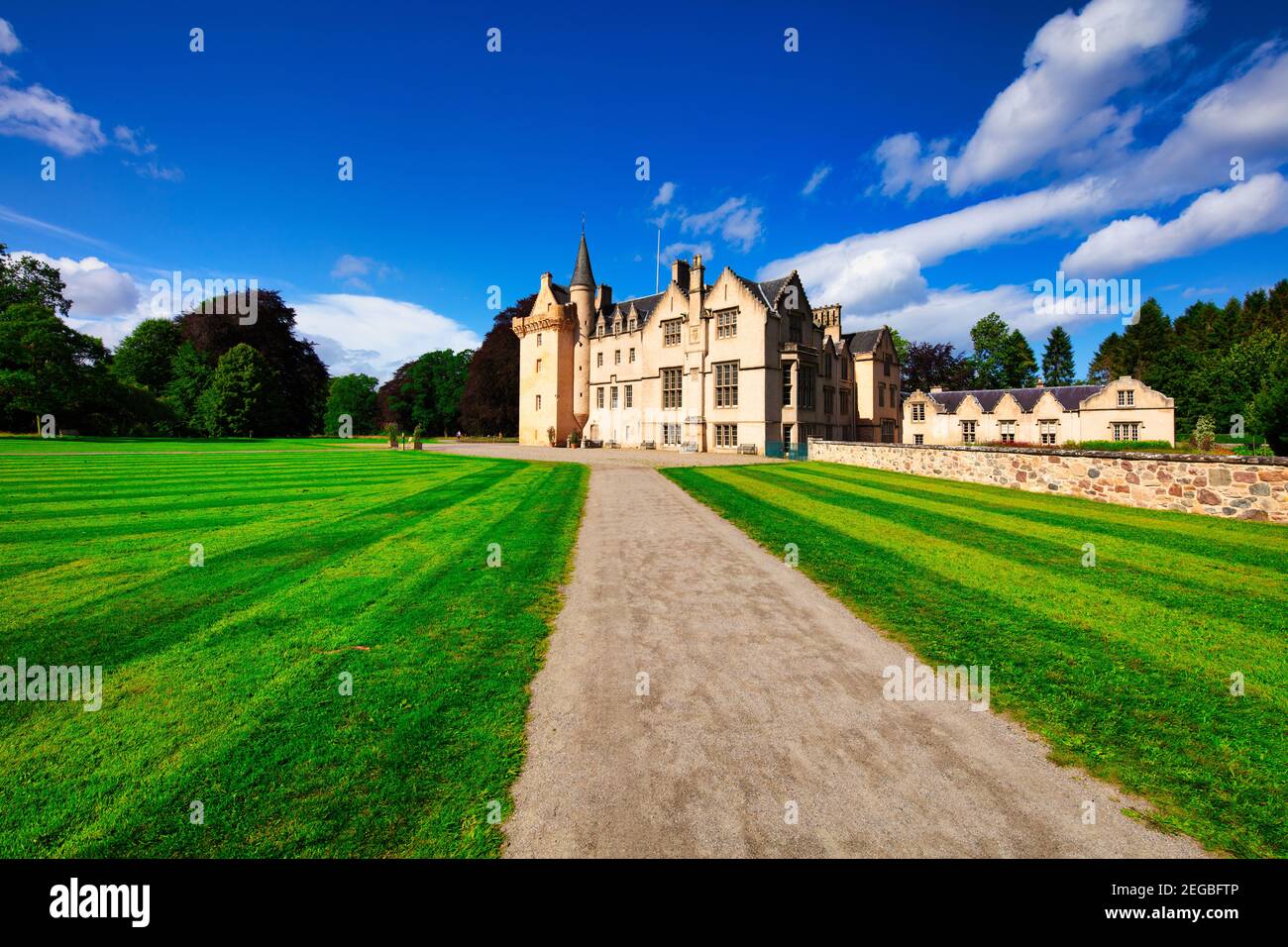 Rose-coloured, turreted Brodie Castle, ancestral home of the Brodie ...