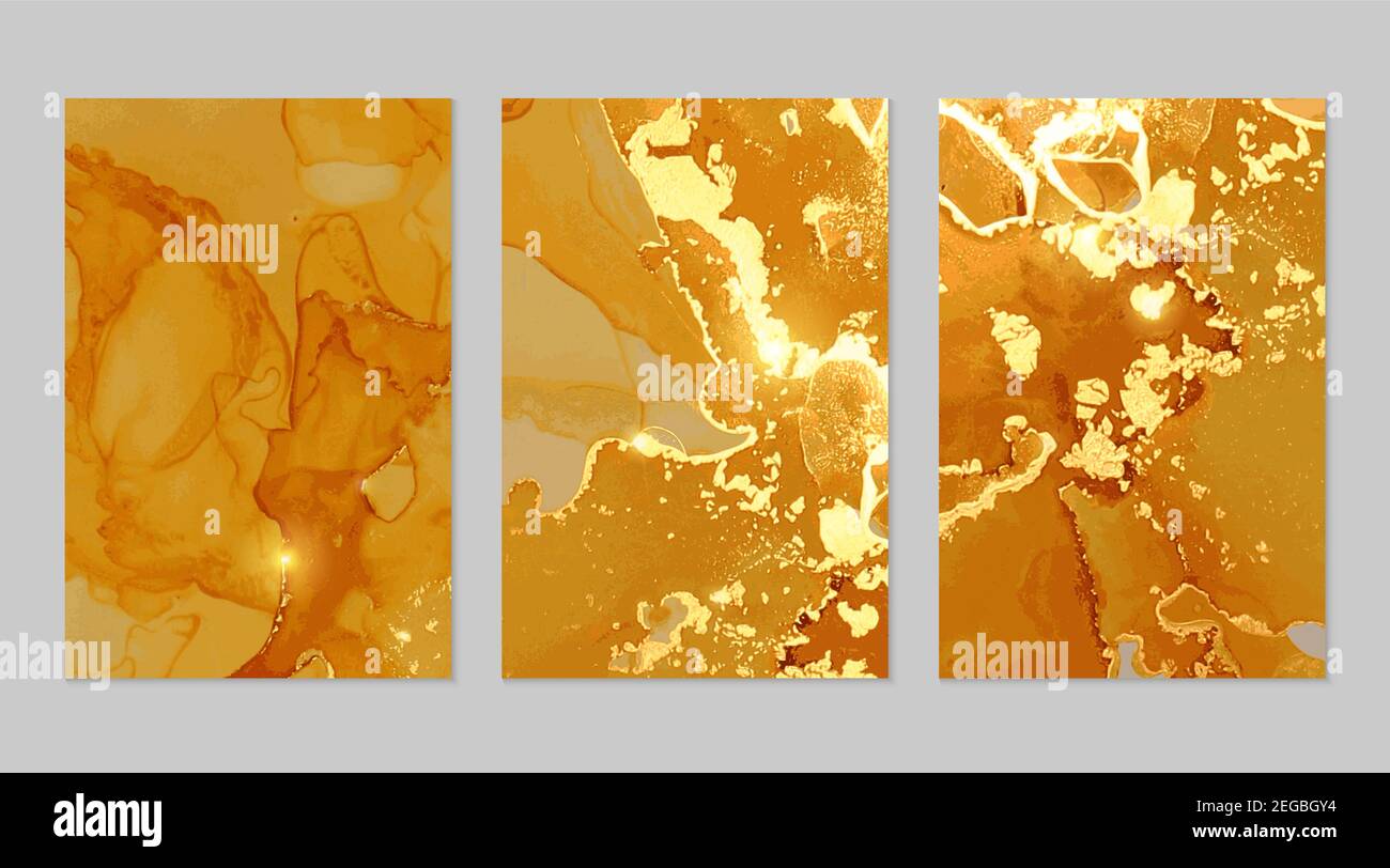 Set of amber, and gold marble abstract patterns. Alcohol ink technique ...