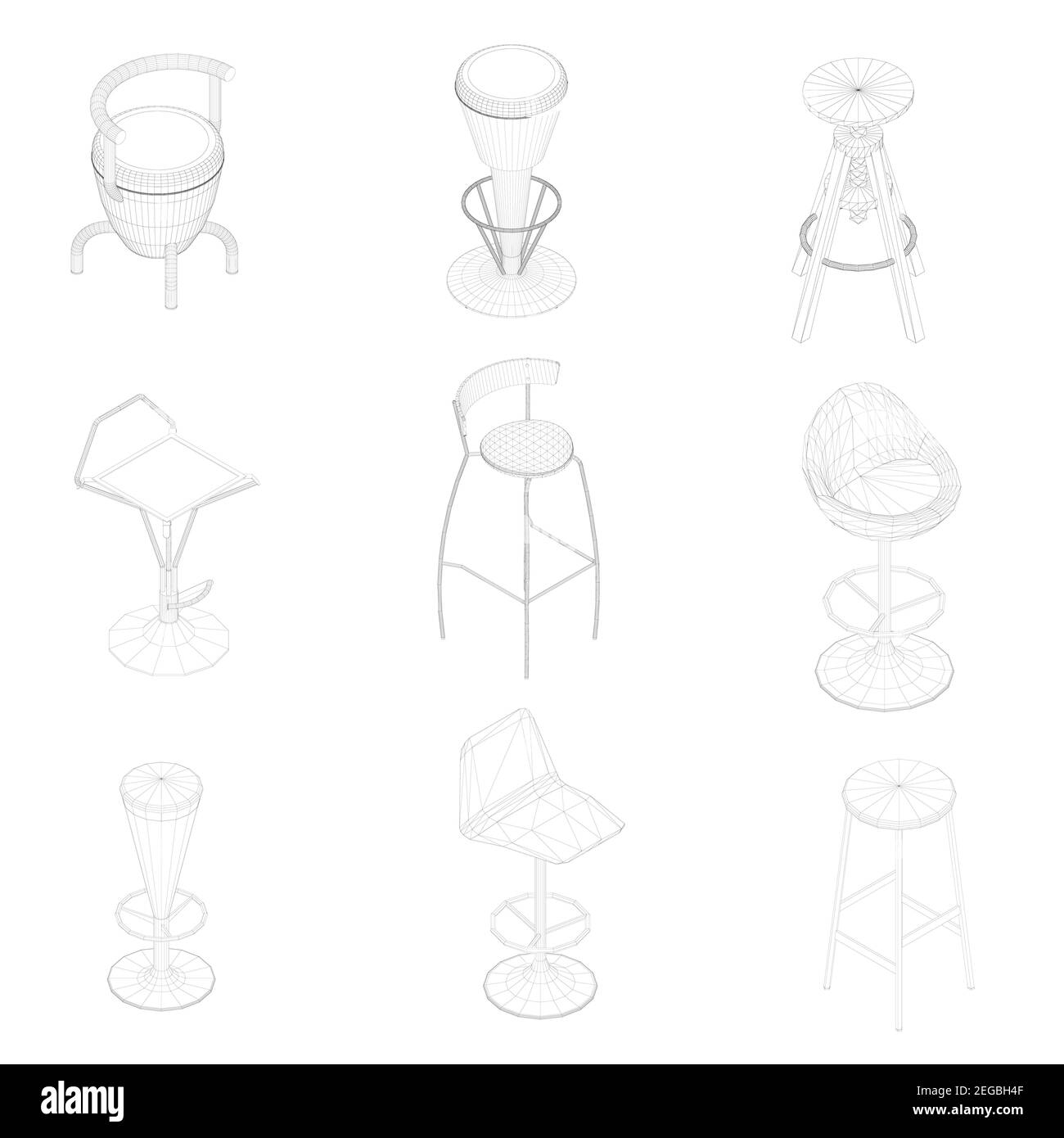 Set with frame chairs and armchairs isolated on white background. 3D ...