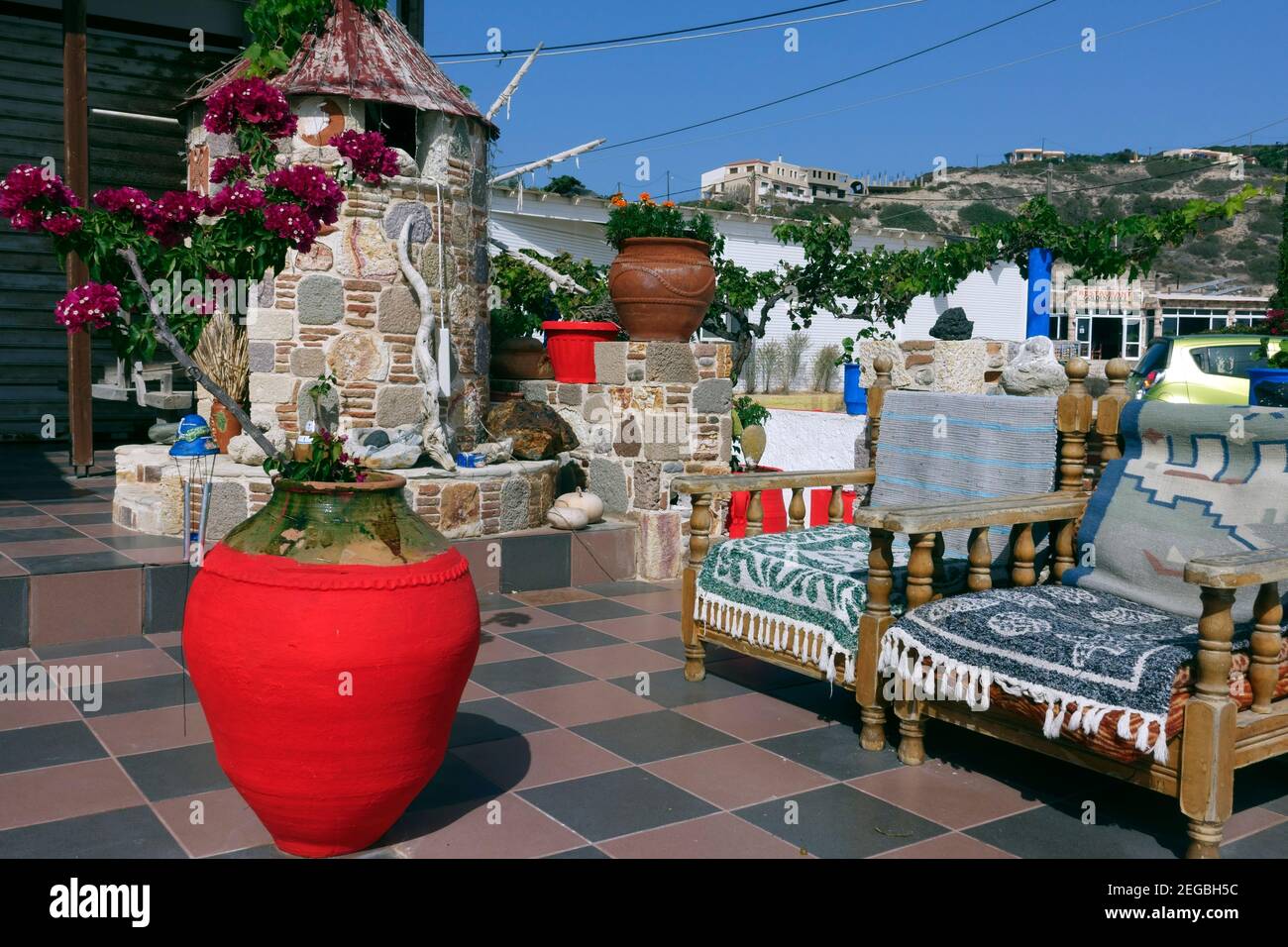 Outdoor garden terrace of a typical house on the Greek island of Kos ...