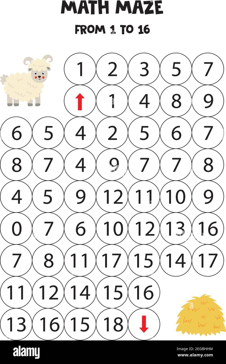 Math maze with cute sheep and haystack. Count to 16. Printable game for ...