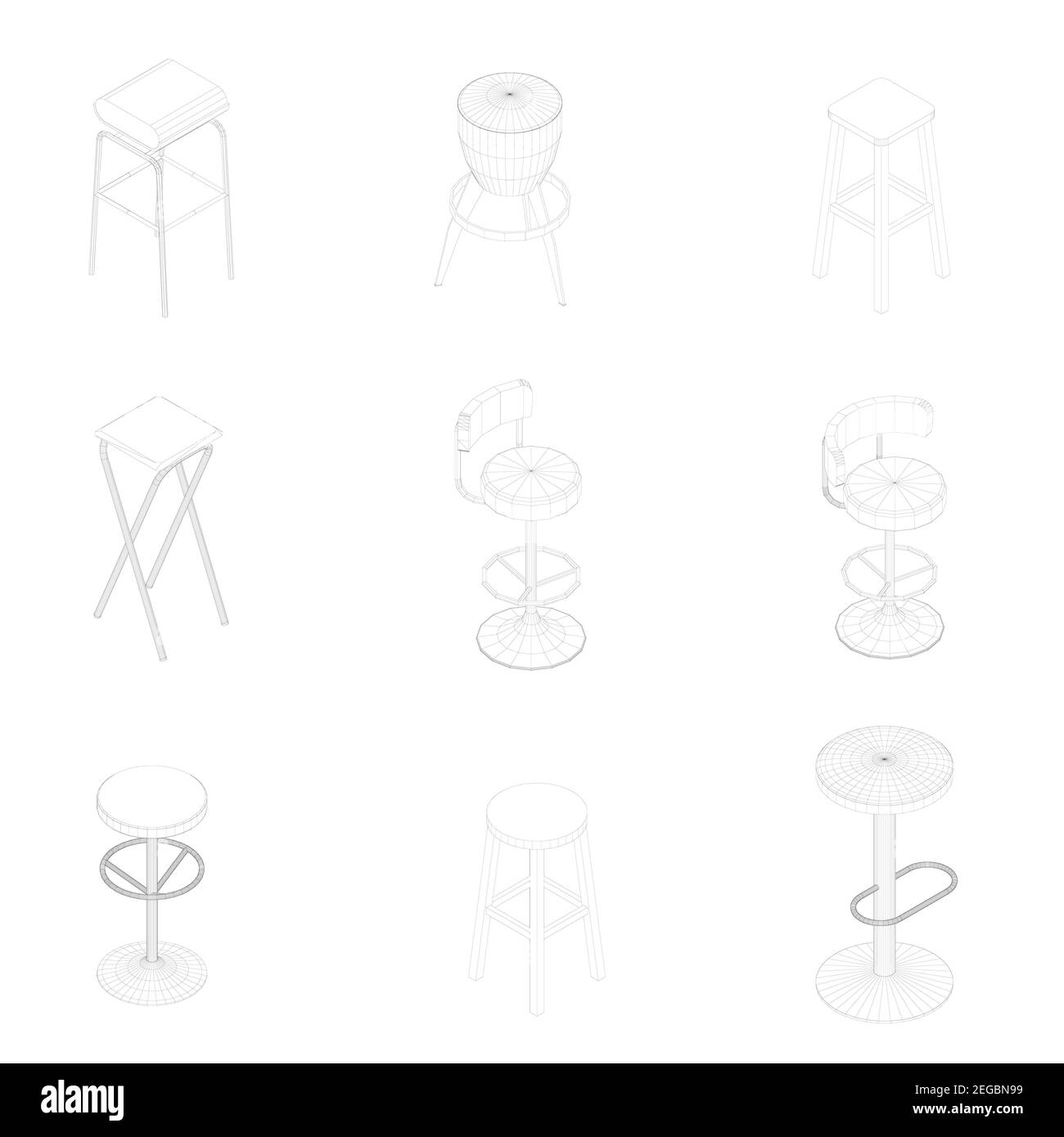 Set with frame chairs and armchairs isolated on white background. 3D ...