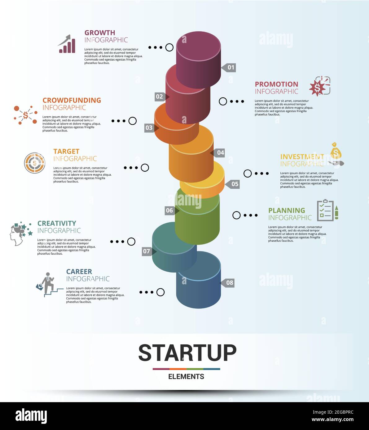 Infographic Startup template. Icons in different colors. Include ...