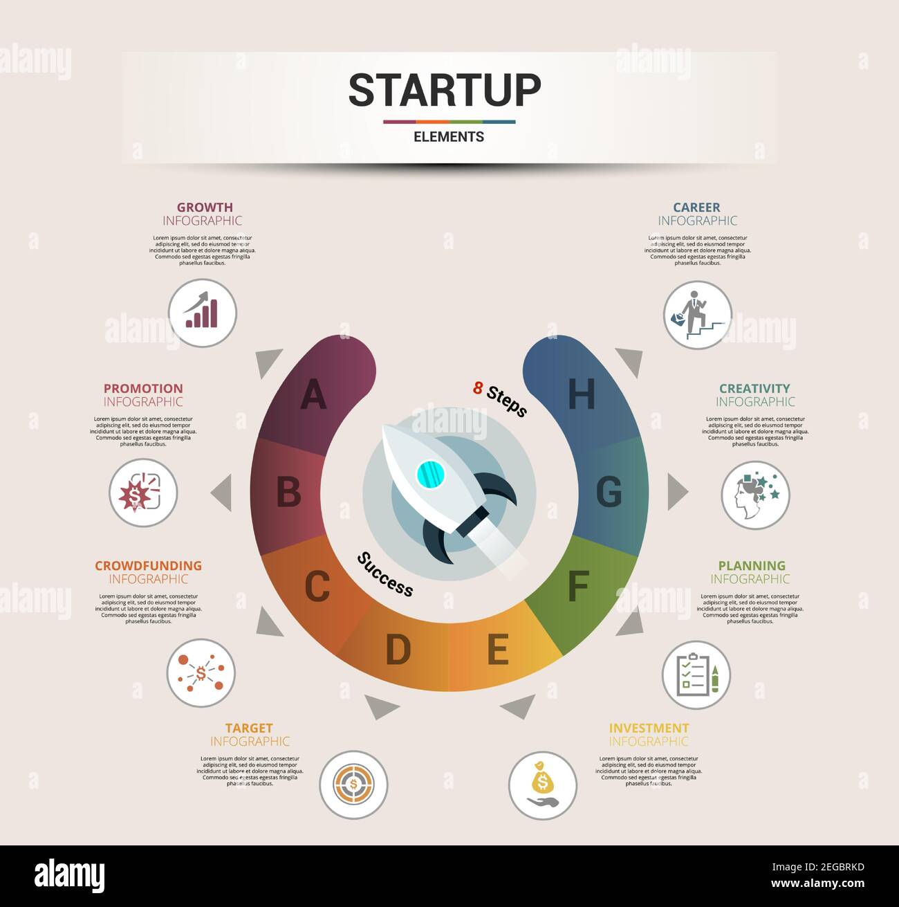 Infographic Startup template. Icons in different colors. Include ...
