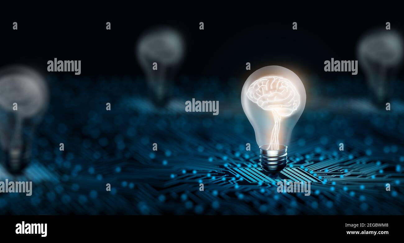 Light bulb with human brain inside glowing on the converging point of ...