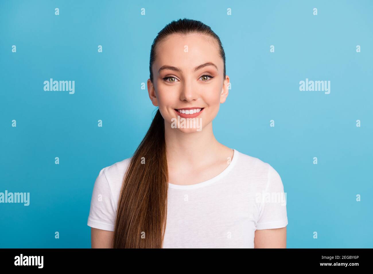 Portrait of lovely pretty girl look good in camera toothy smile wear ...