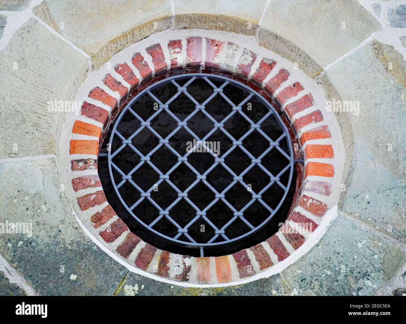 Round window with lattice on the old tower. Harkort Tower in Wetter ...
