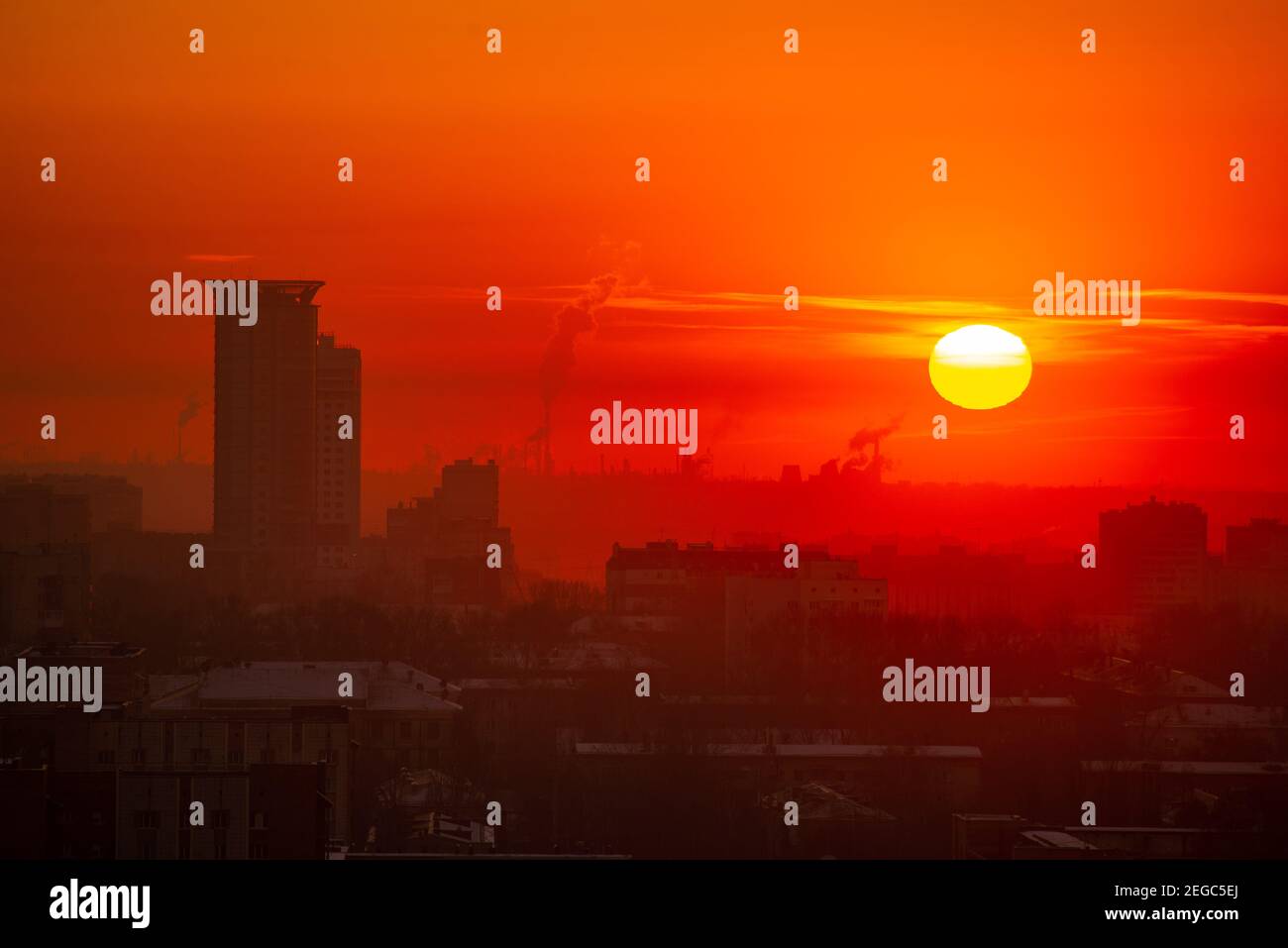 City red dramatic sunset skyline, aerial view on buildings Stock Photo ...