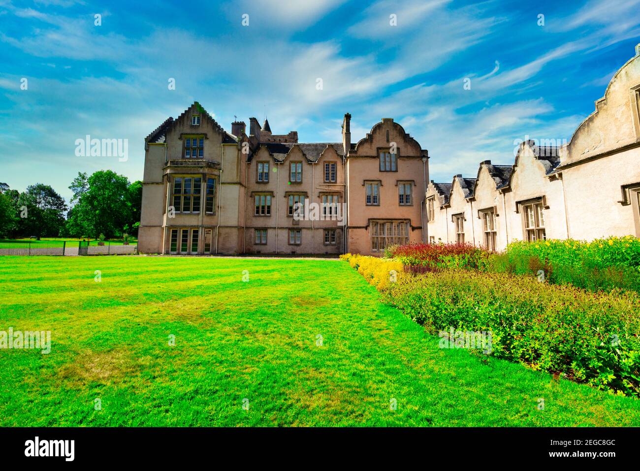 Rose-coloured, turreted Brodie Castle, ancestral home of the Brodie ...