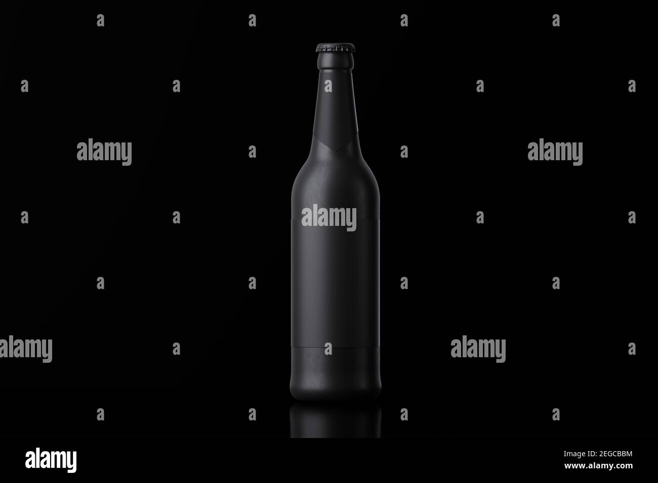 3D model of matt dark grey beer bottle with cap and label against black ...