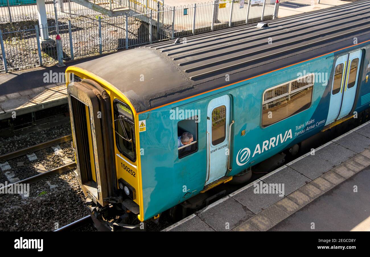LLANHARAN, NEAR CARDIFF, WALES - APRIL 2018: Diesel "Sprinter" train ...