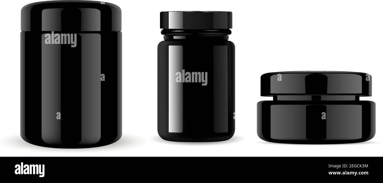 Medical Bottle Mockup. Black Glass Container, Cosmetic Cream Jar ...