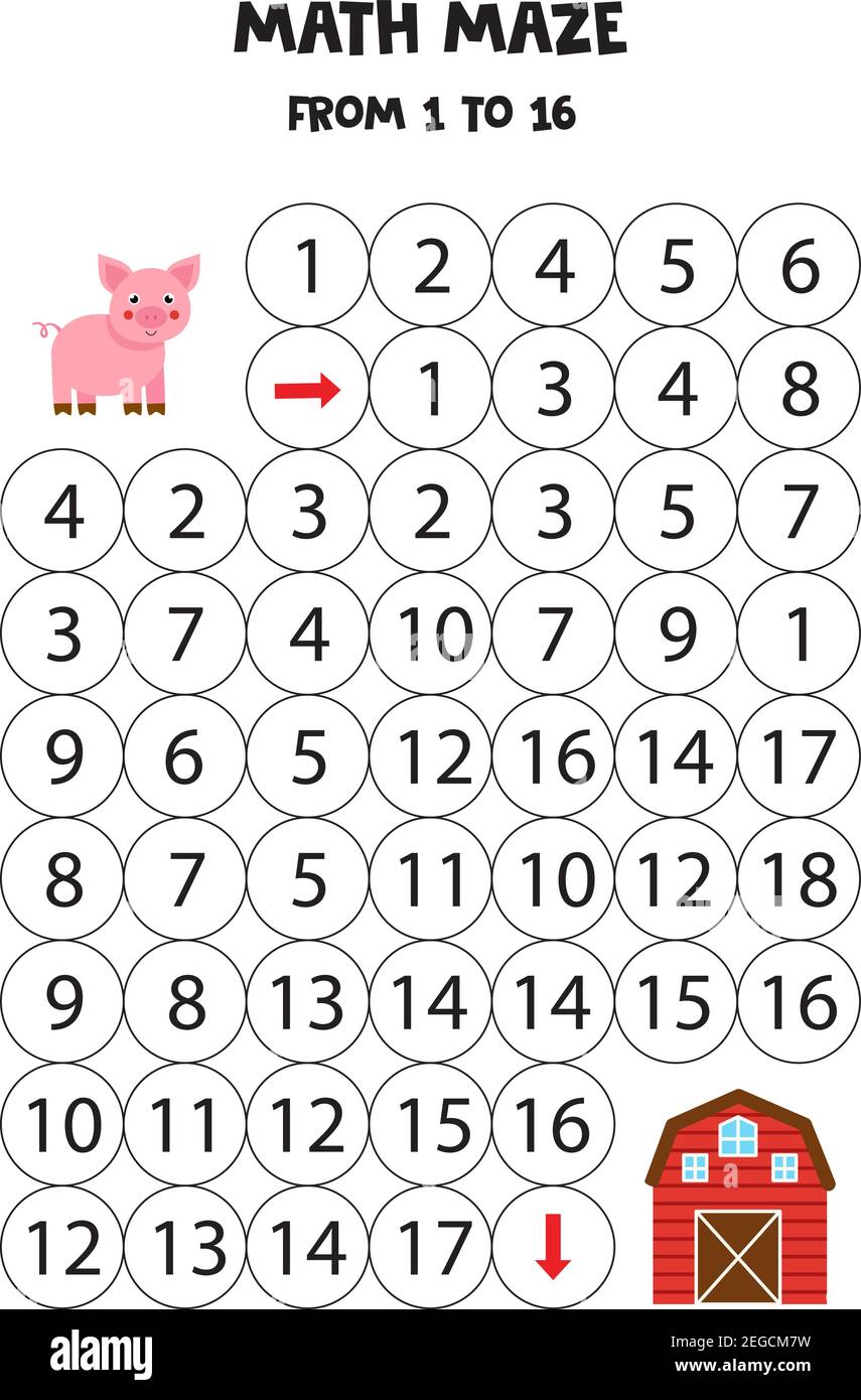 Math maze with pig and farmhouse. Count to 16. Printable game for kids ...