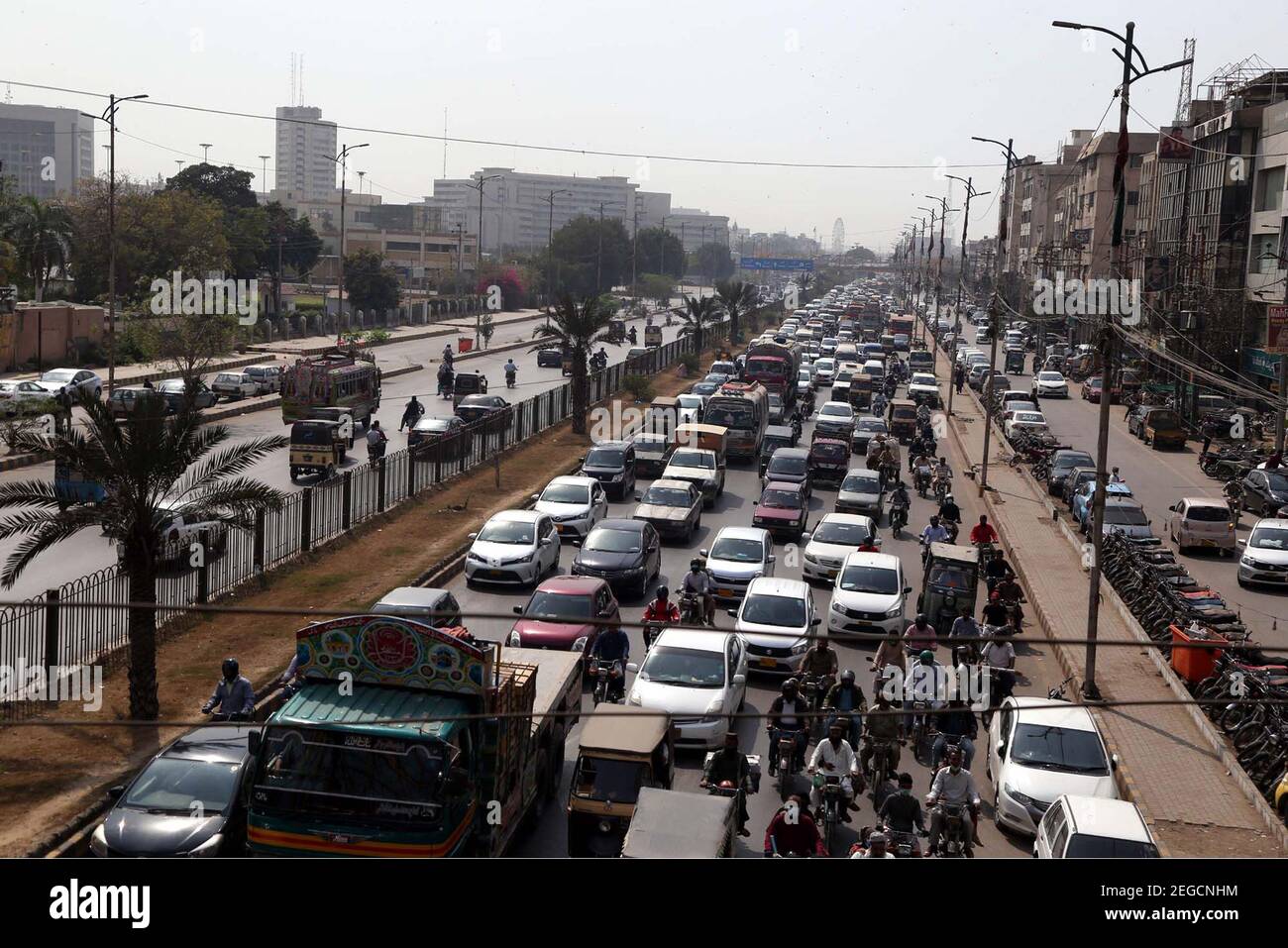 Pakistan. February 18, 2021: A large number of vehicles stuck in ...