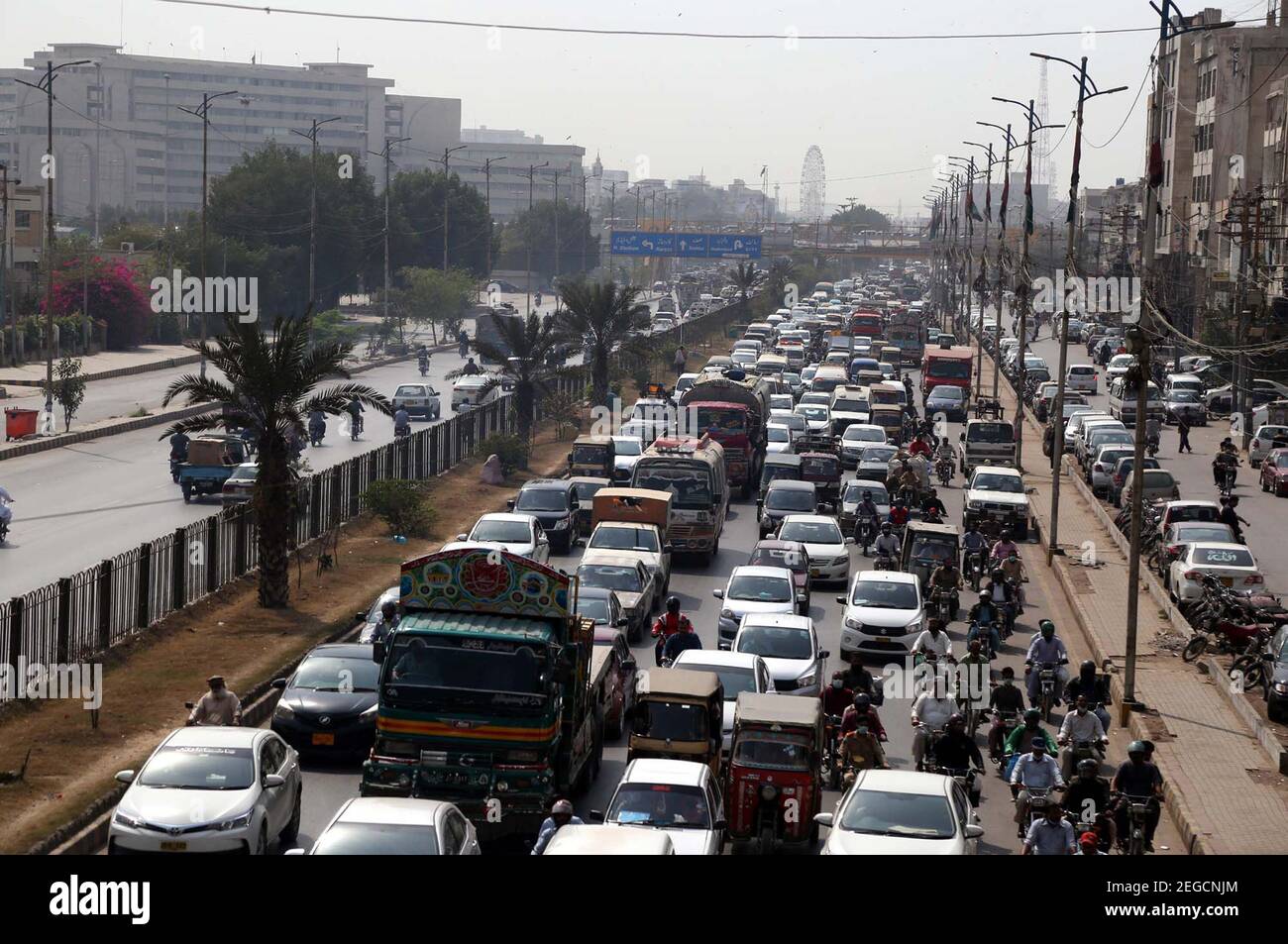 Pakistan. February 18, 2021: A large number of vehicles stuck in ...