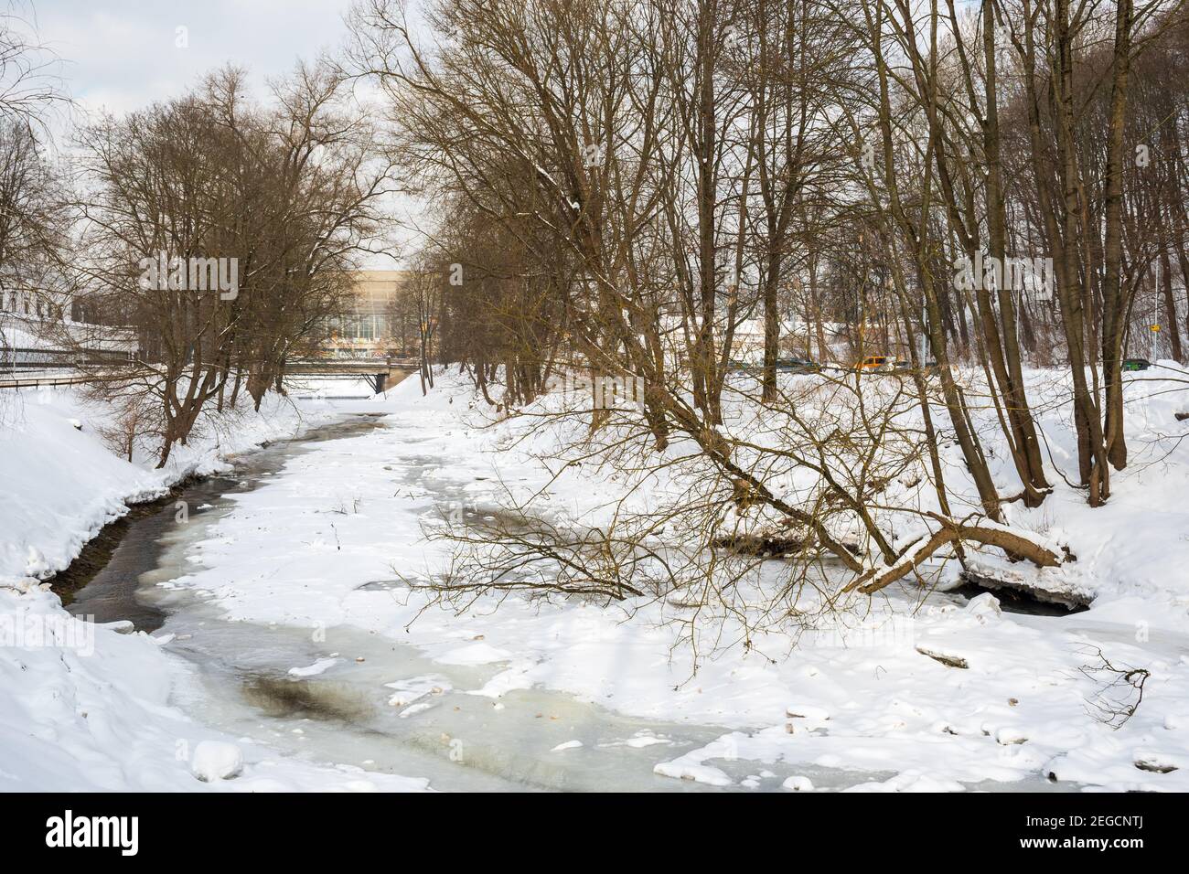 Frozen river in winter, snow and ice melting with fallen trunk of a ...
