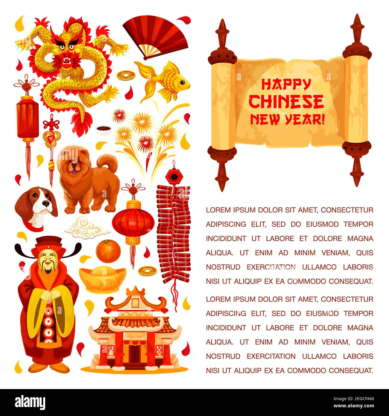 Happy Chinese New Year hieroglyph greeting on paper scroll and ...