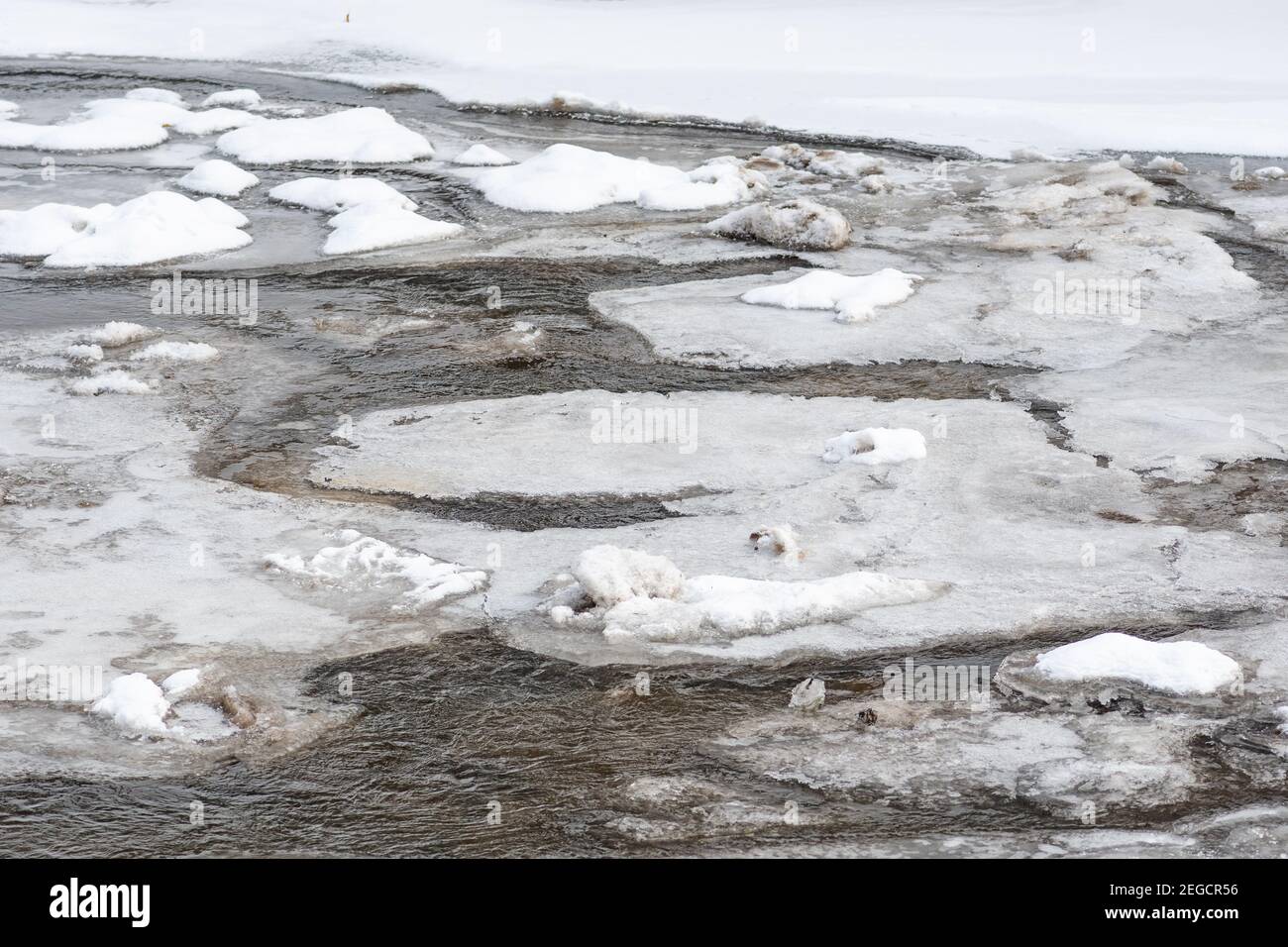 Frozen river in winter, snow and ice melting, flowing stream, nature ...