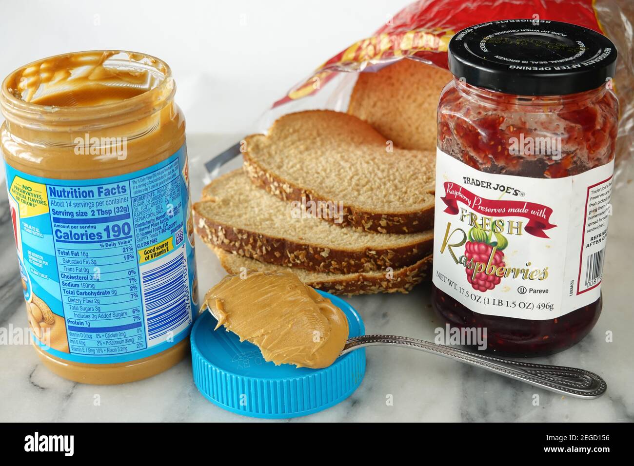 Peanut butter nutrition facts, ingredients and calories label on a jar ...