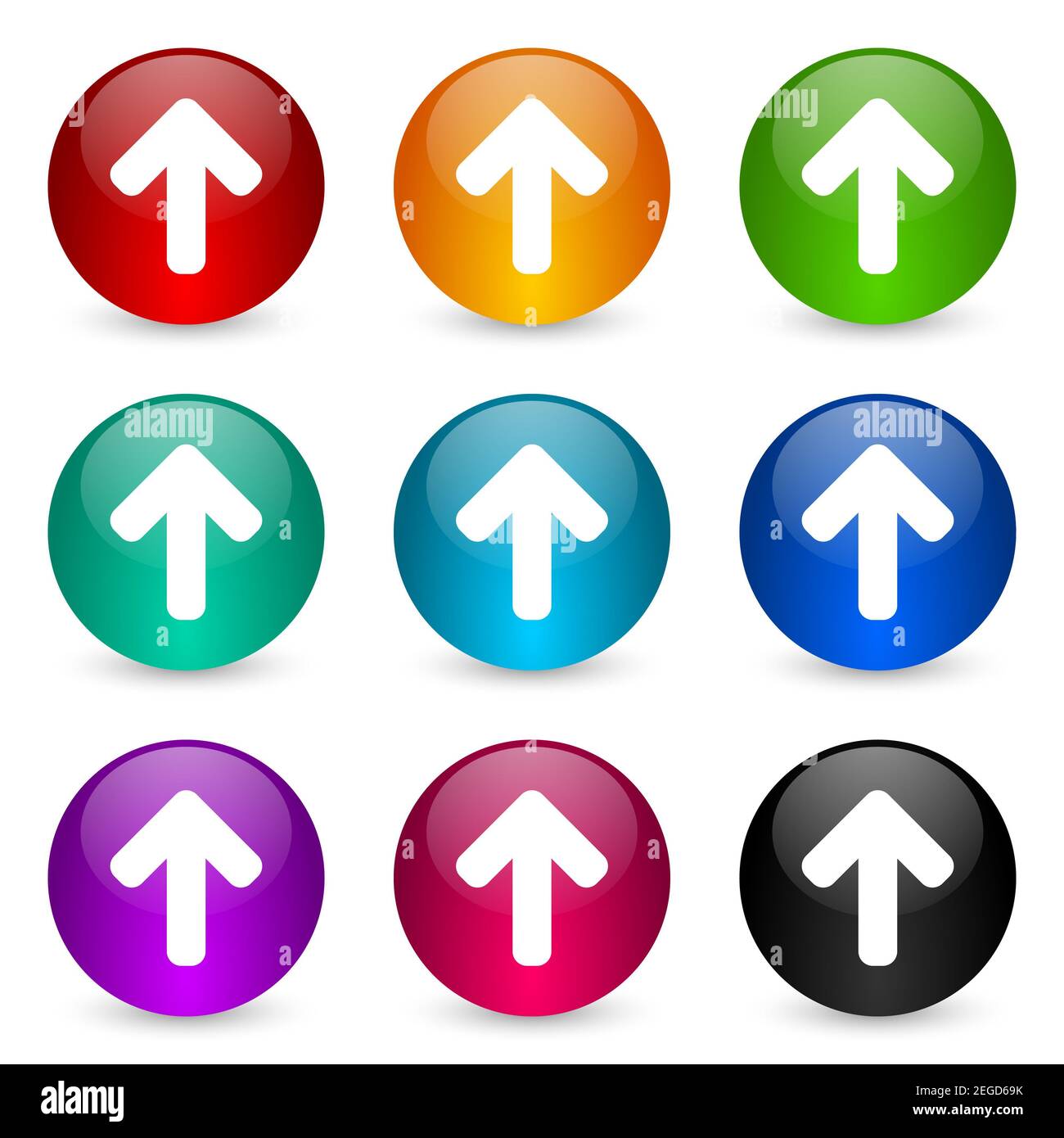 Up arrow, upload icon set, colorful glossy 3d rendering ball buttons in ...