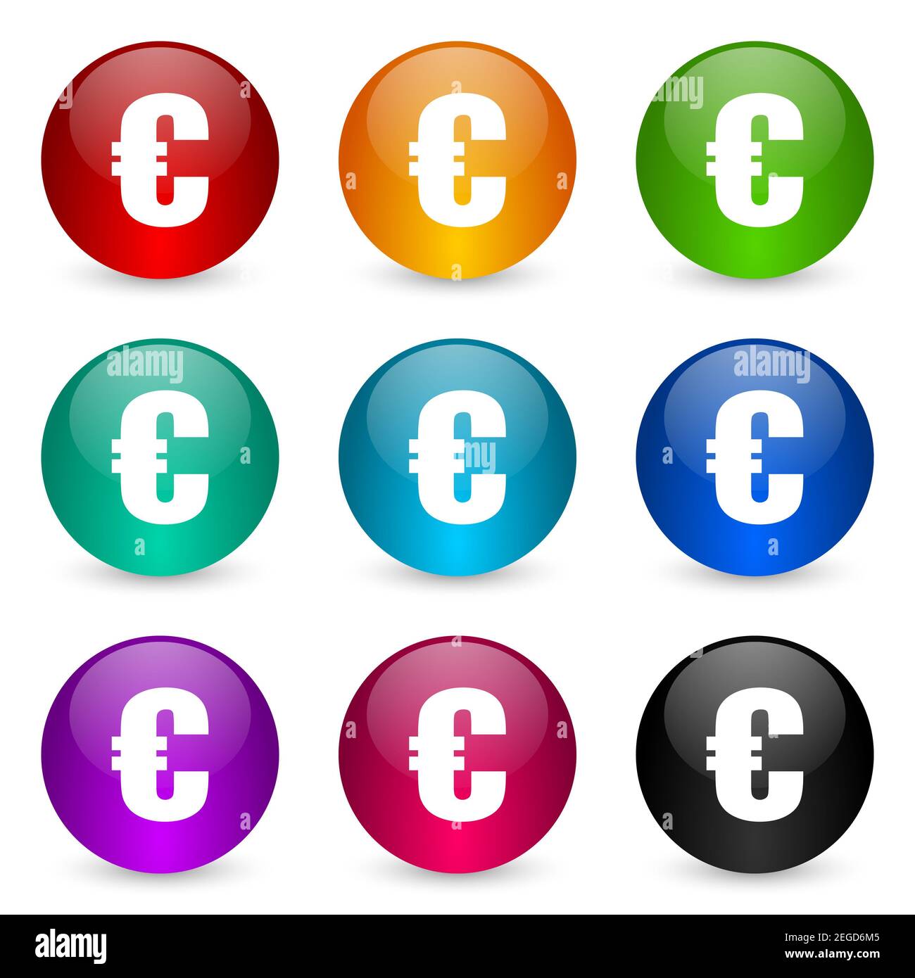 Euro icon set, colorful glossy 3d rendering ball buttons in 9 color ...