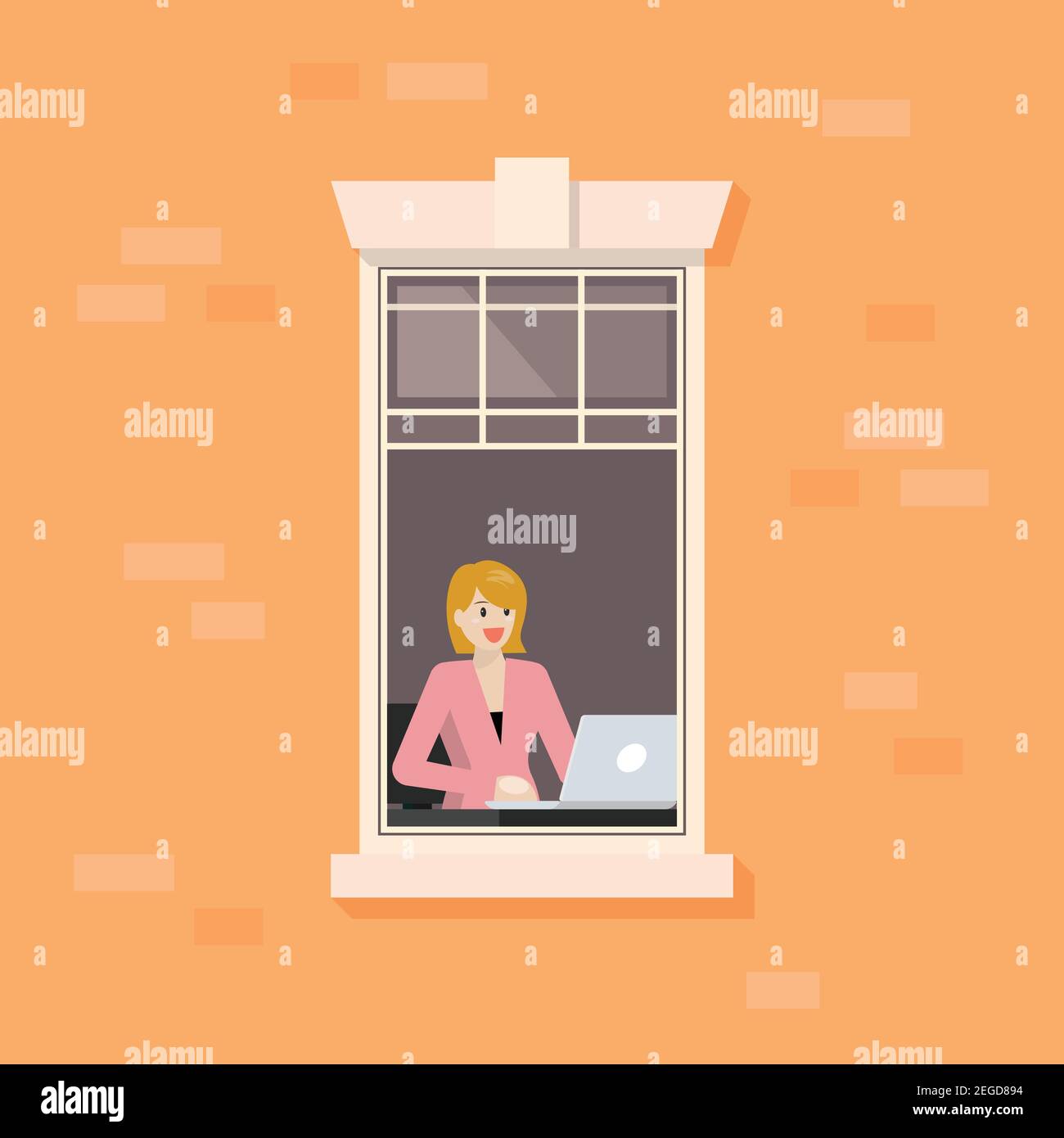 Apartment window with woman working on laptop. vector illustration ...