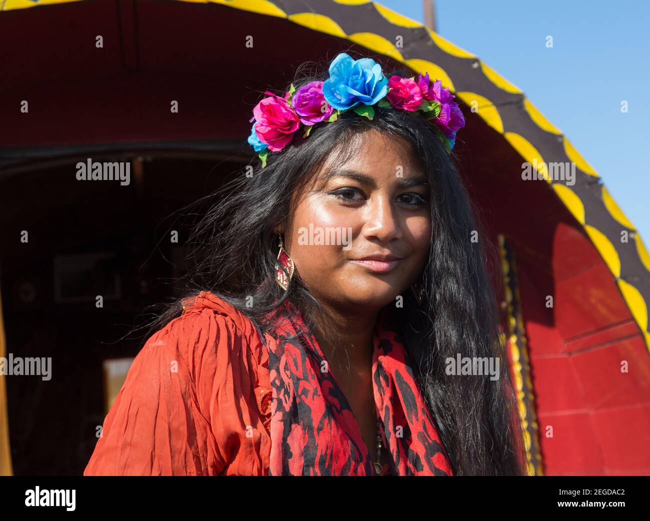 Pilgrim in a traditional gypsy caravan after the annual Roma procession ...