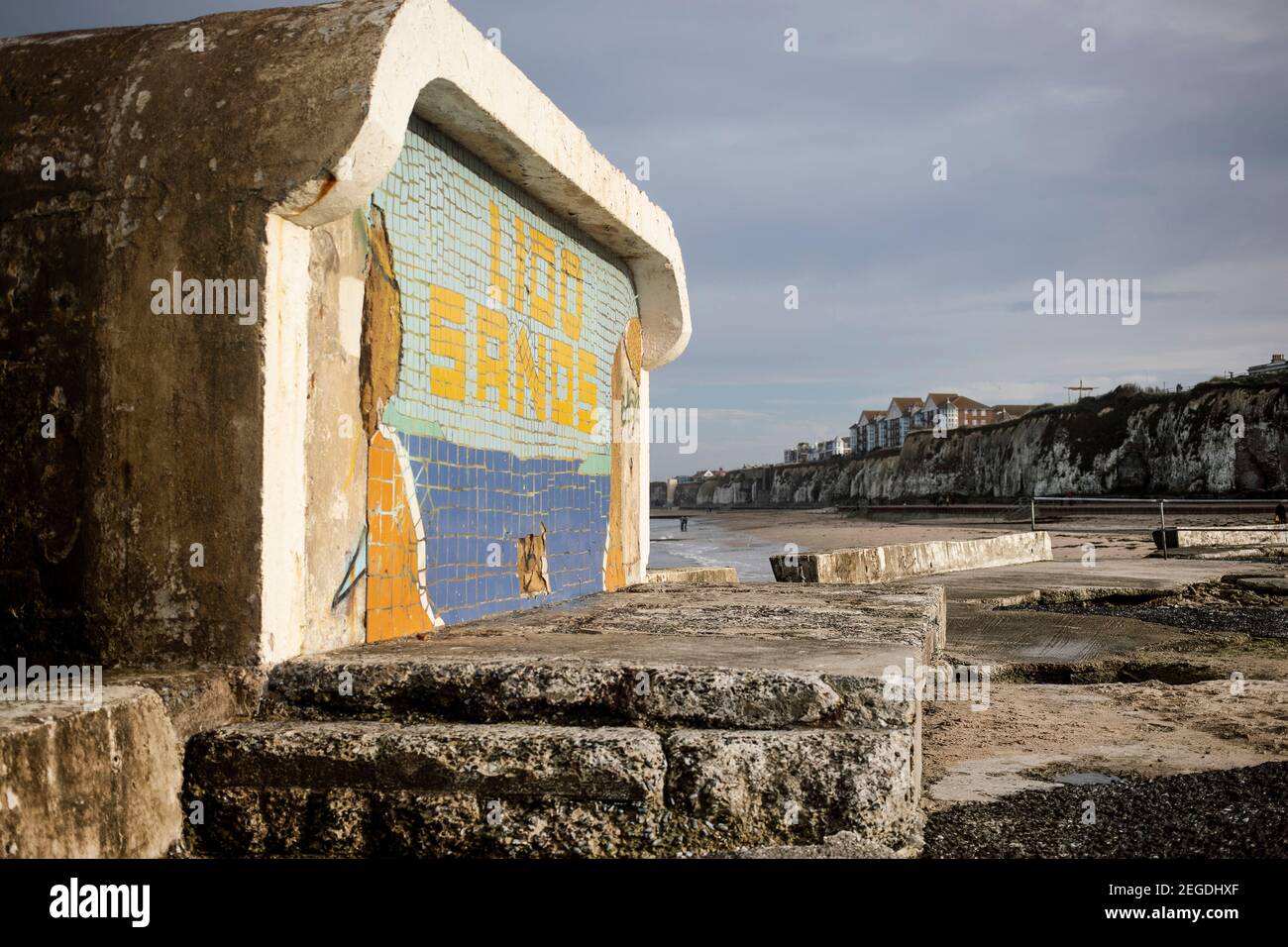 Old Lido Sands concrete signage at waters edge in Margate, Kent Stock ...