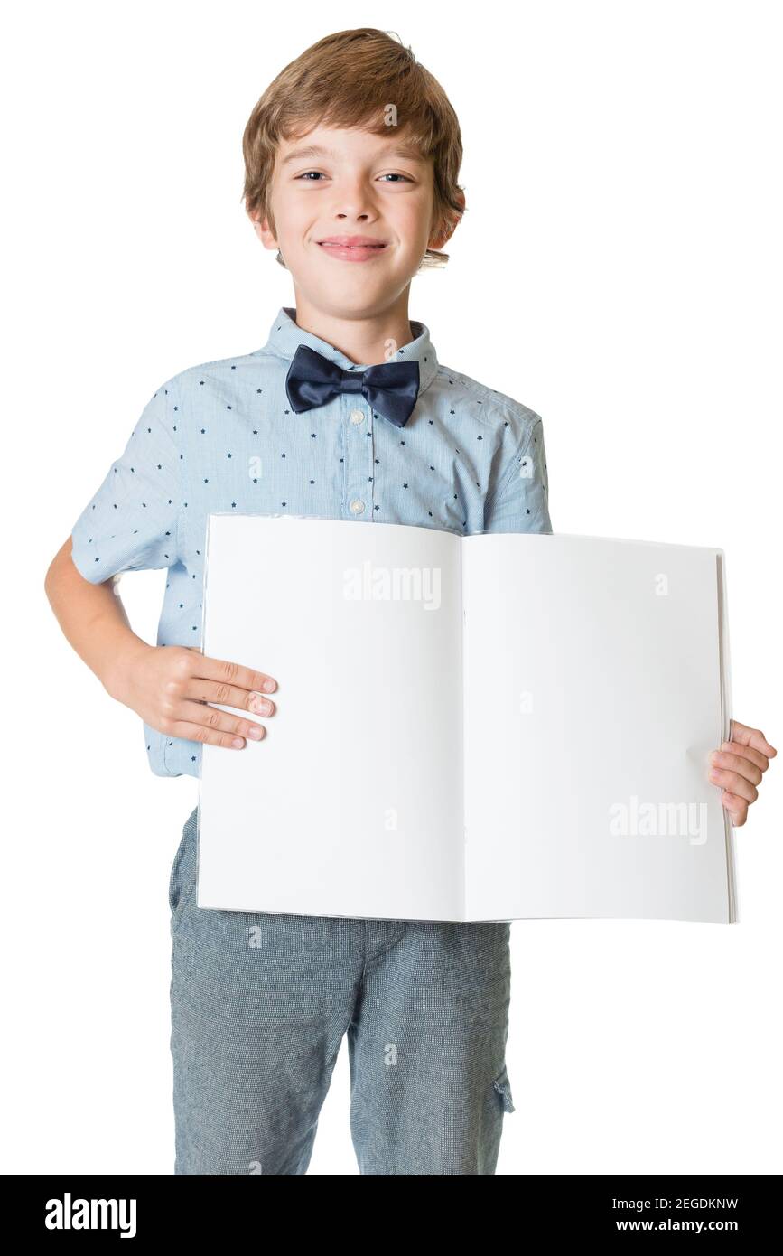 Young boy holding blank notebook, isolated on white background with ...