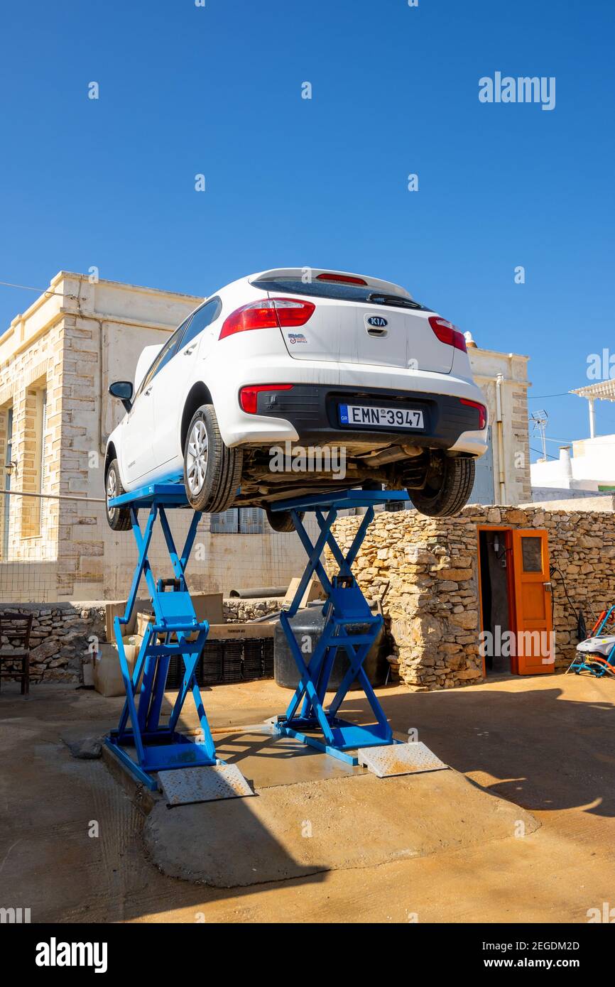 Folegandros, Greece - September 25, 2020: Kia Rio car on a lift during ...
