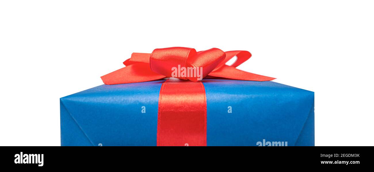 Blue gift box with red ribbon isolated on white Stock Photo - Alamy