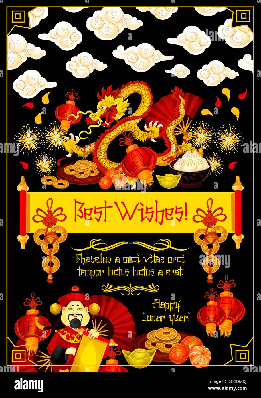 Chinese dragon greeting card with parchment and wishes of Happy Lunar ...