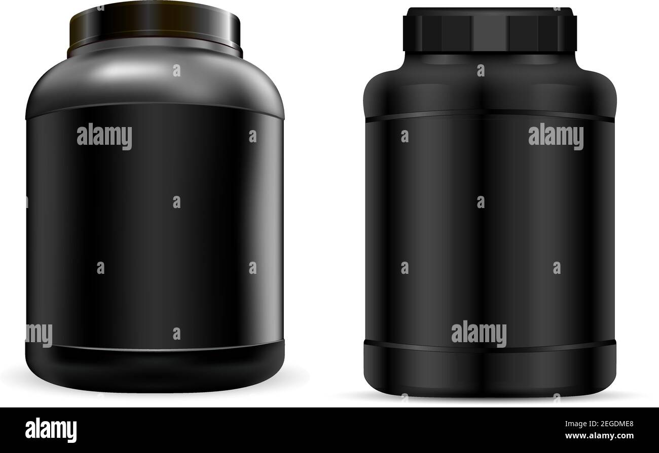 Whey Protein Container. Black Protein Jar. Vector Supplement Can. 3d ...