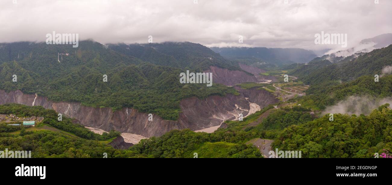 Aerial panorama of the eroded Rio Coca Gorge in flood, January 2021 ...