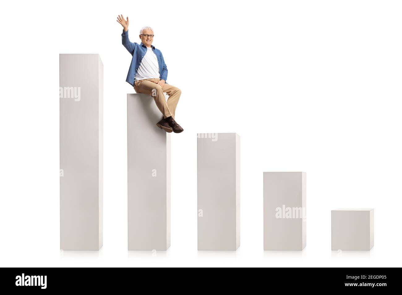 Smiling mature man sitting on a graph chart and waving at camera ...