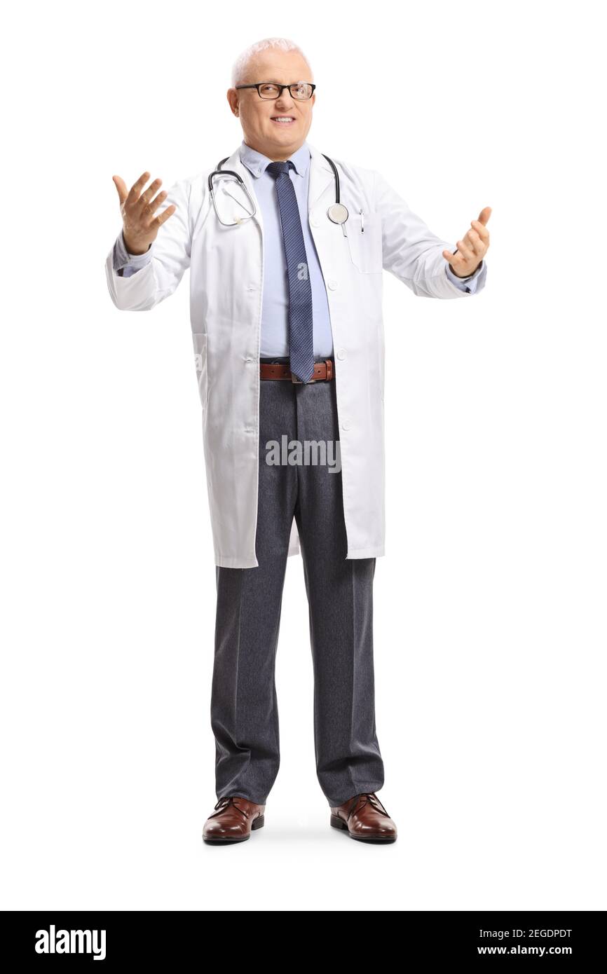 Full length portrait of a mature doctor gesturing with hands isolated ...