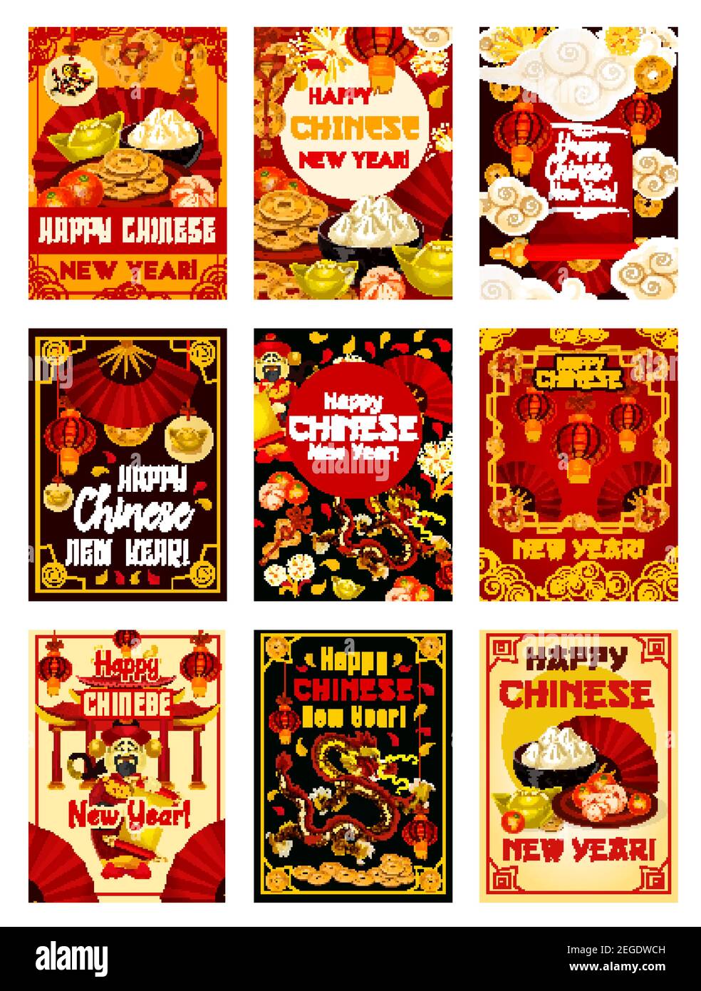 Happy Chinese New Year greeting cards design of traditional Chinese ...