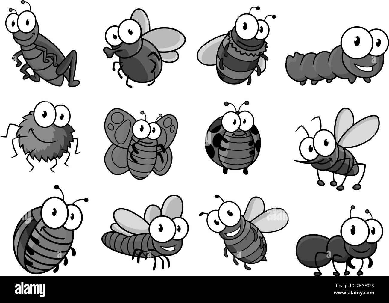 Insect cartoon character set. Butterfly, bug, bee, caterpillar, fly and ...