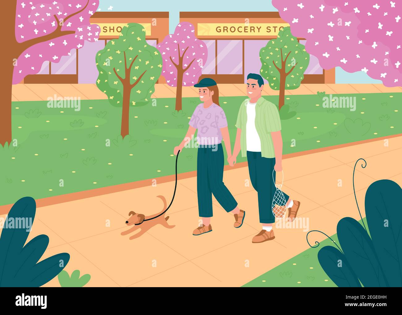 Couple walk in spring flat color vector illustration Stock Vector Image ...