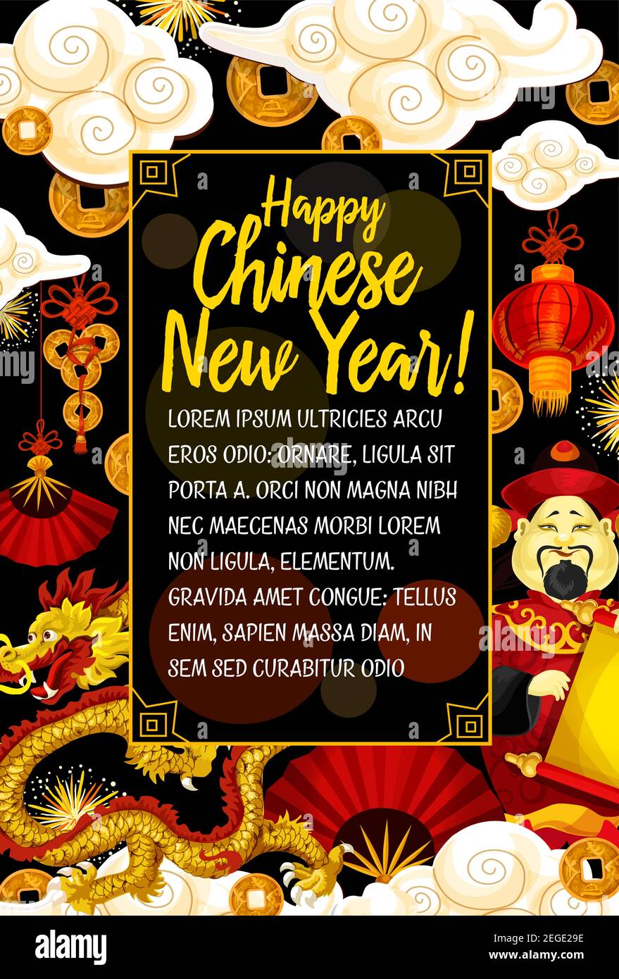 Chinese Lunar New Year holiday card with greeting wishes in center ...