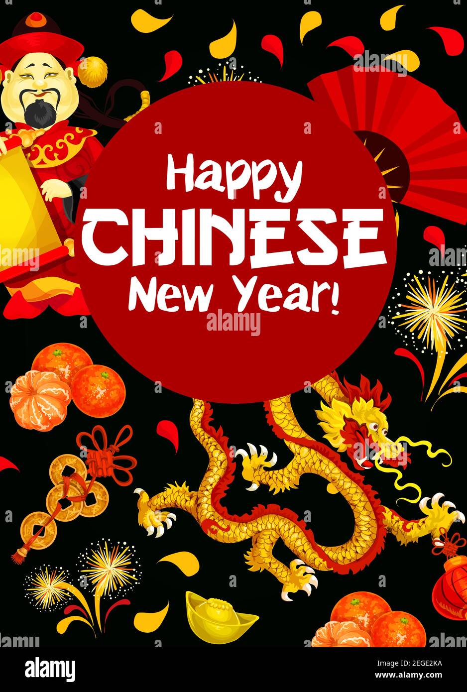 Happy Chinese New Year wishes poster with oriental holiday symbols ...