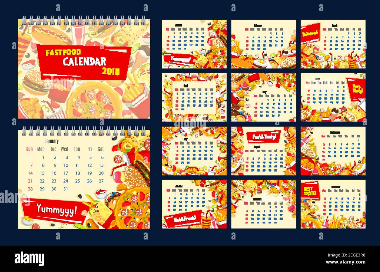 Fast food 2018 year calendar template. Monthly calendar with frame of ...