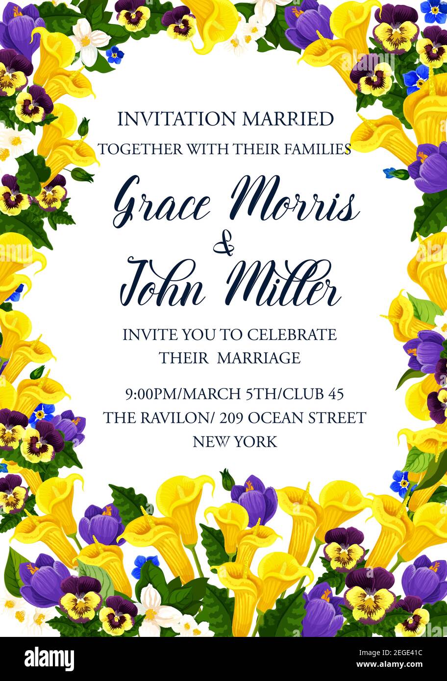 Wedding invitation banner template with spring flower frame. Crocus ...