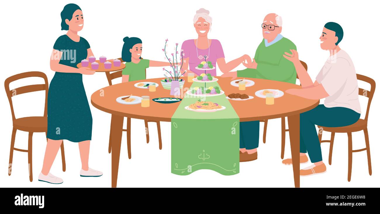 Happy family at dining table for Easter flat color vector detailed ...