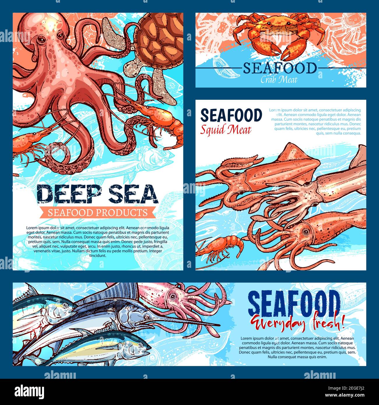Seafood and fish food products banners or posters templates. Vector ...