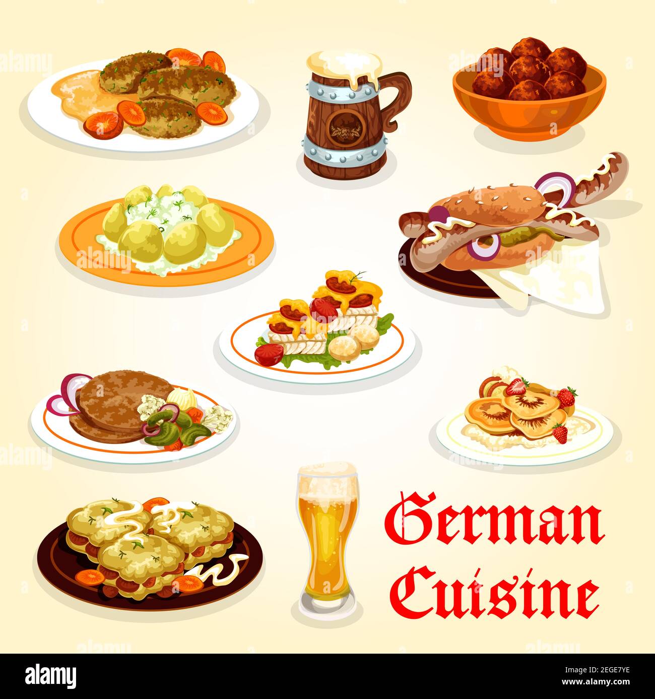 German cuisine icon with Oktoberfest menu. Sausage sandwich, pork roll ...