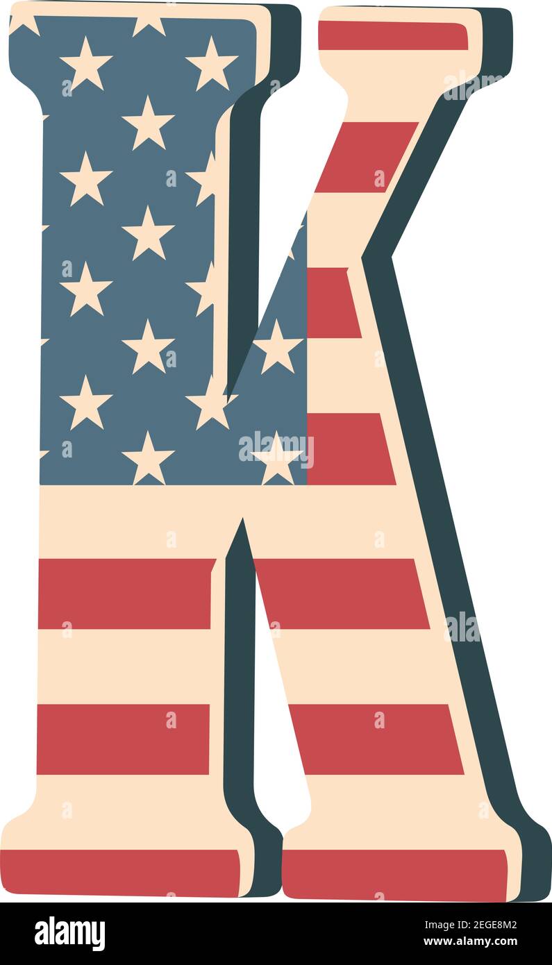 Capital 3d letter K with american flag texture isolated on white ...