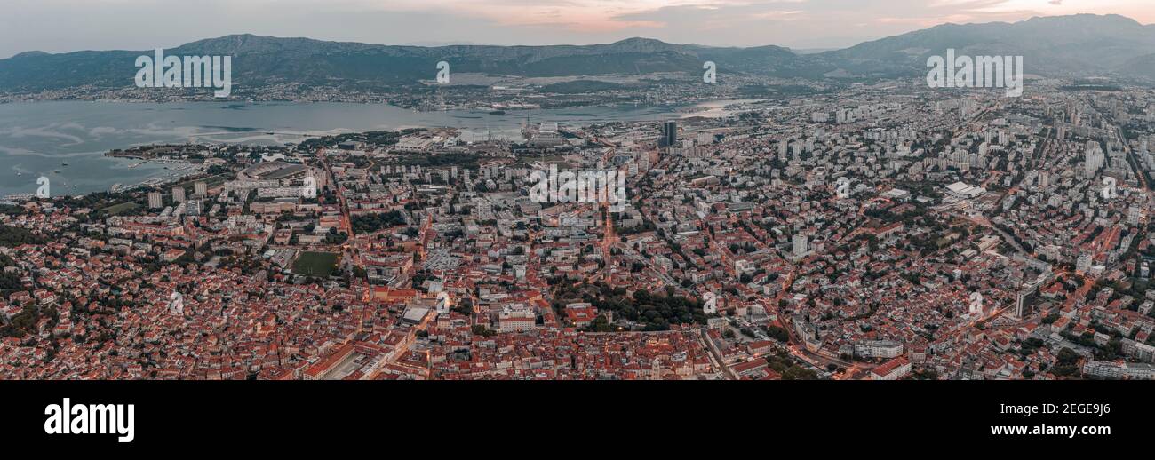 Aerial panoramic drone view of Split new town before sunrise in morning ...